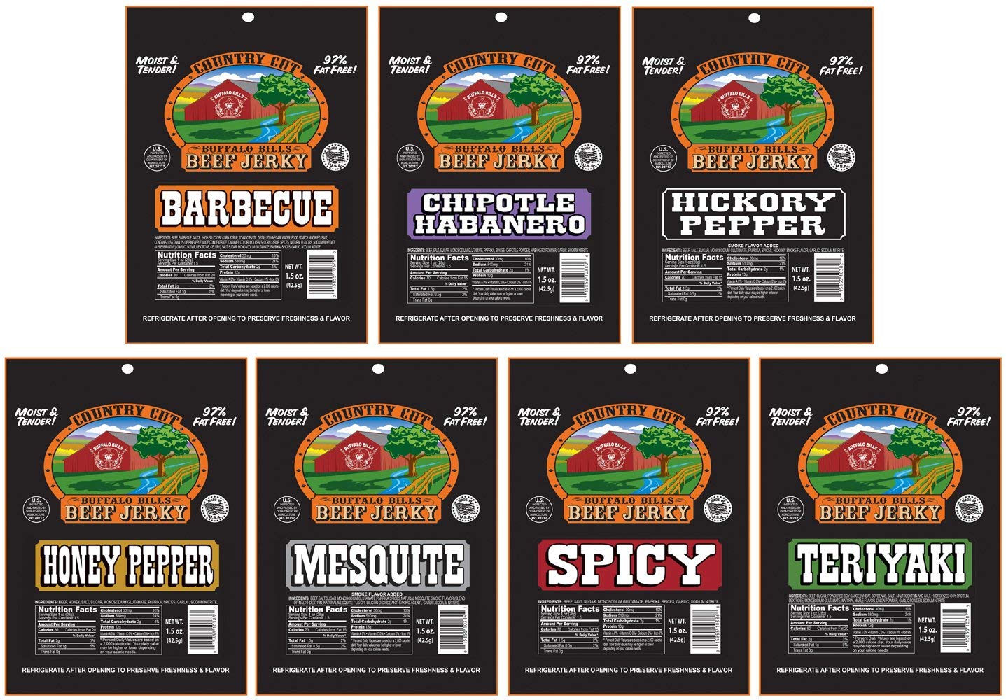 Buffalo Bills 7-Piece Country Cut Beef Jerky Sampler Black Velour Wine Gift Bag (seven 1.5oz packs)