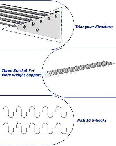 Stainless Steel Wall Mount Shelf 12 x 60 Inch, NSF Certified Shelf with Hooks, 210 lb Load Capacity Commercial Kitchen Rack Storage Shelves for Restaurant, Kitchen, Home & Hotel