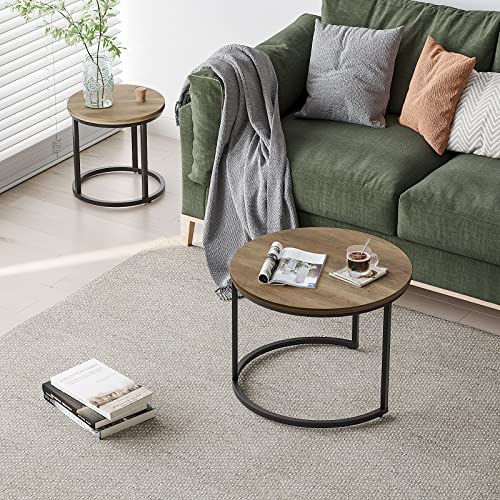 Smuxee Nesting Coffee Table Set of 2, 23.6" Round Coffee Table Wood Grain Top with Adjustable Non-Slip Feet, Industrial End Table Side Tables for Living Room Bedroom Balcony Yard