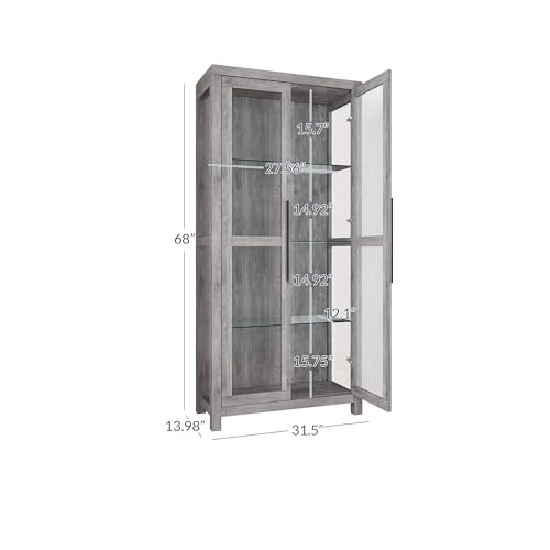 BELLEZE Storage Cabinet, Tall Bookshelf or Display Cabinet for Living Room Bedroom, Curio Cabinet with Tempered Glass Doors, Trophy Display Case, Storage/Organization - Avalon (Gray Wash)