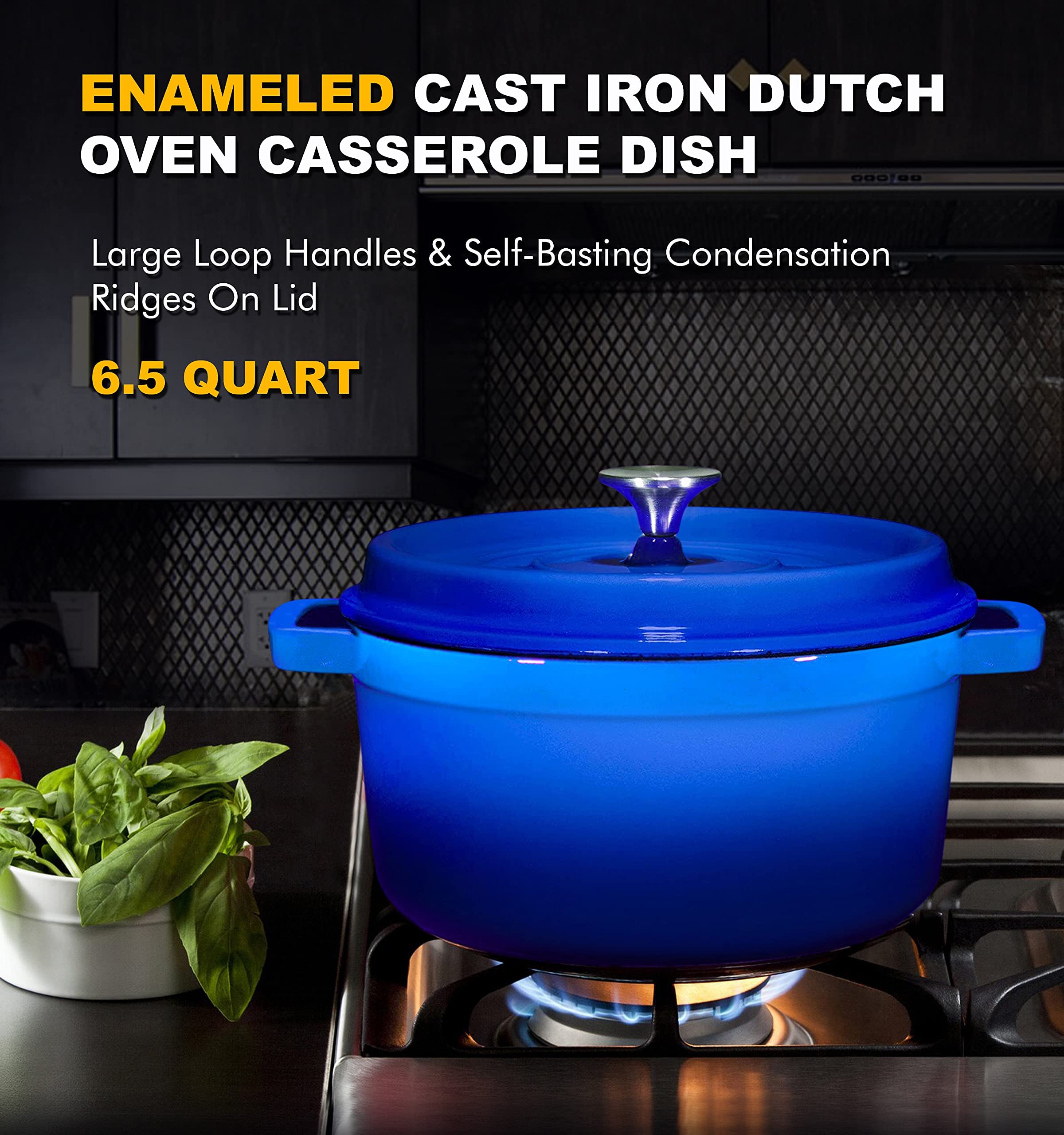 Bruntmor Pre-Seasoned 6.5 qt Enameled Cast Iron Round Dutch oven, 6.5 Quart Dutch Ovens Pot with Lid and Handle, Cast Iron Skillet, Heavy Duty Casserole Dish, Hand wash only, Duke Blue