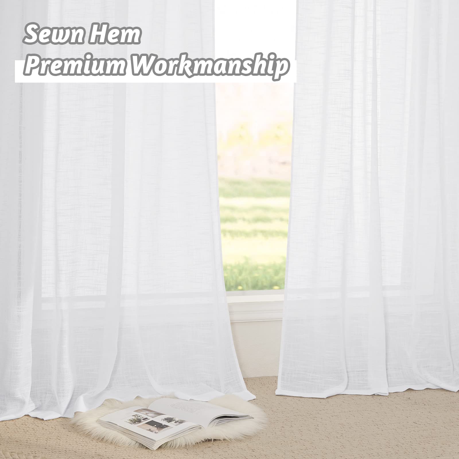 RYB HOME White Sheer Curtains Linen Texture Window Panels, Semi Sheer Light Filetring Rod Pocket & Back Tab Drapes for Bedroom, 52 x 84 inches, Pack of 2
