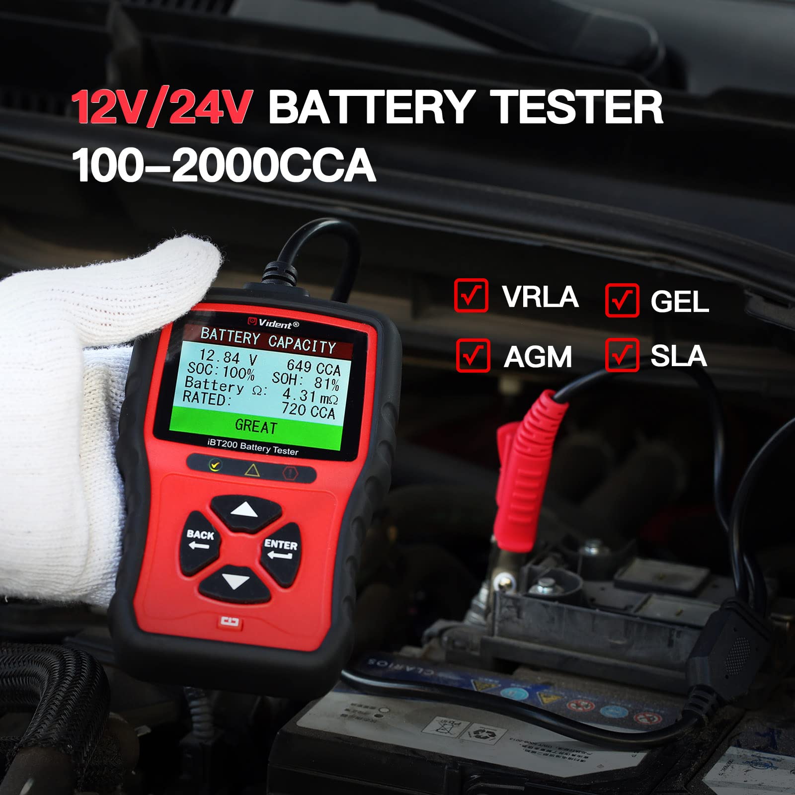 Car Battery Tester 12V 24V 100-2000 CCA, Automotive Load Tester on Cranking and Charging System Test Diagnostic Tool, Auto Battery Digital Analyzer for Cars Motorcycles Trucks Boats Lawnmowers