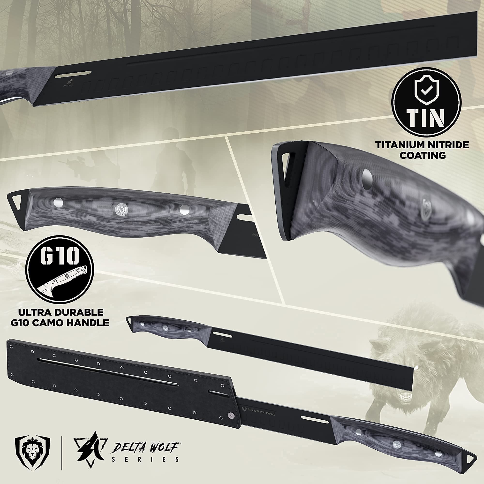 DALSTRONG Delta Wolf Series Chef Knife 10" Bundled with Delta Wolf Series Slicing & Carving Knife 12" with PU Leather Sheath - Black Titanium Nitride Coating - G10 Camo Handle
