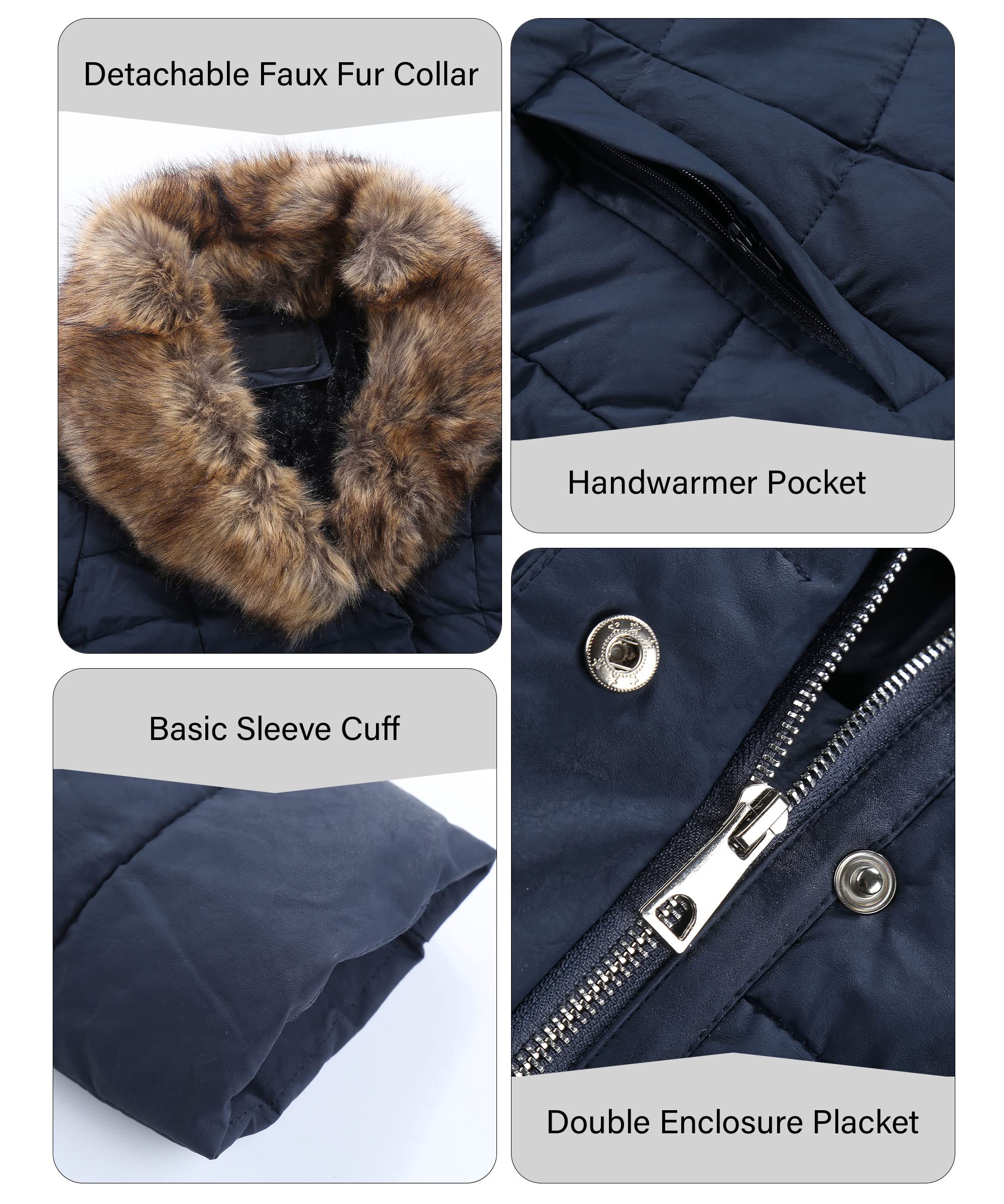 Bellivera Women's Winter Puffer Jacket Cold resistant patchwork plush lining Coat with Removable Fur Collar Hooded and Belted 5528BLUEL