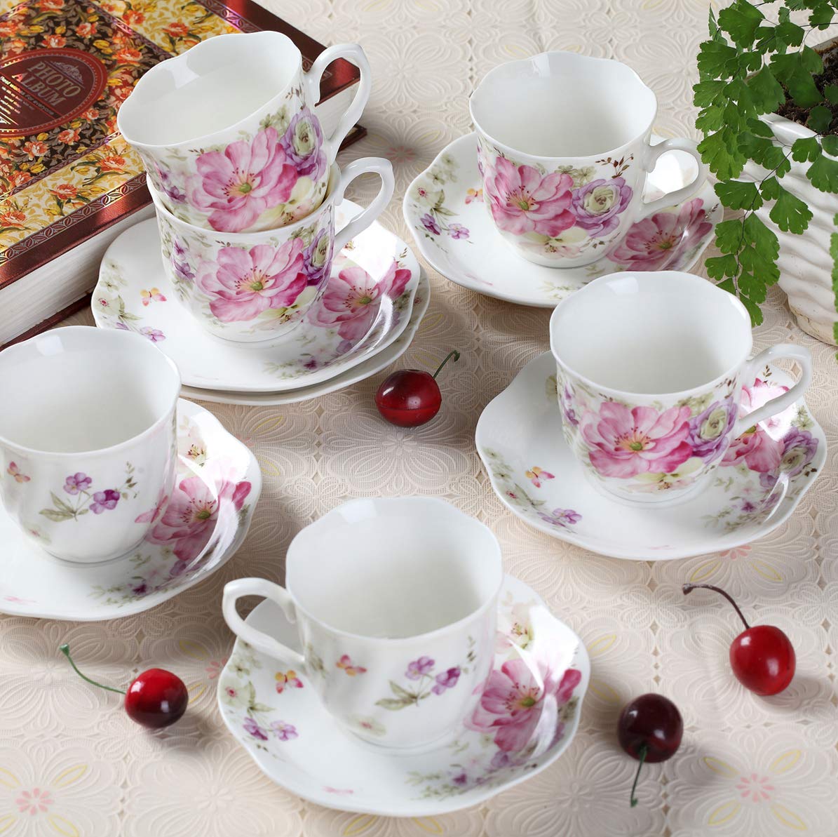 GuangYang GY 12 PCS Tea Set - 7oz New Bone China tea Cups and Saucers with Pink Flower Pattern Porcelain Cups for Mocha Cappuccino Tea and coffee