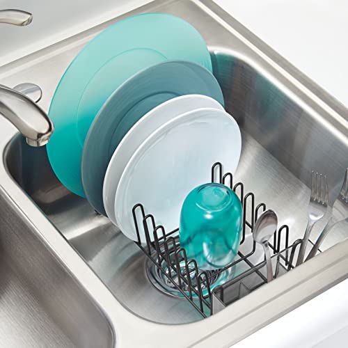 mDesign Steel Compact Modern Dish Drying Rack w/Removable Cutlery Tray, Caddy; Dish Drainer, Dish Rack for Kitchen Counter, Sink; Holds Dishes, Utensil, Board - Concerto Collection - Black/Smoke Gray