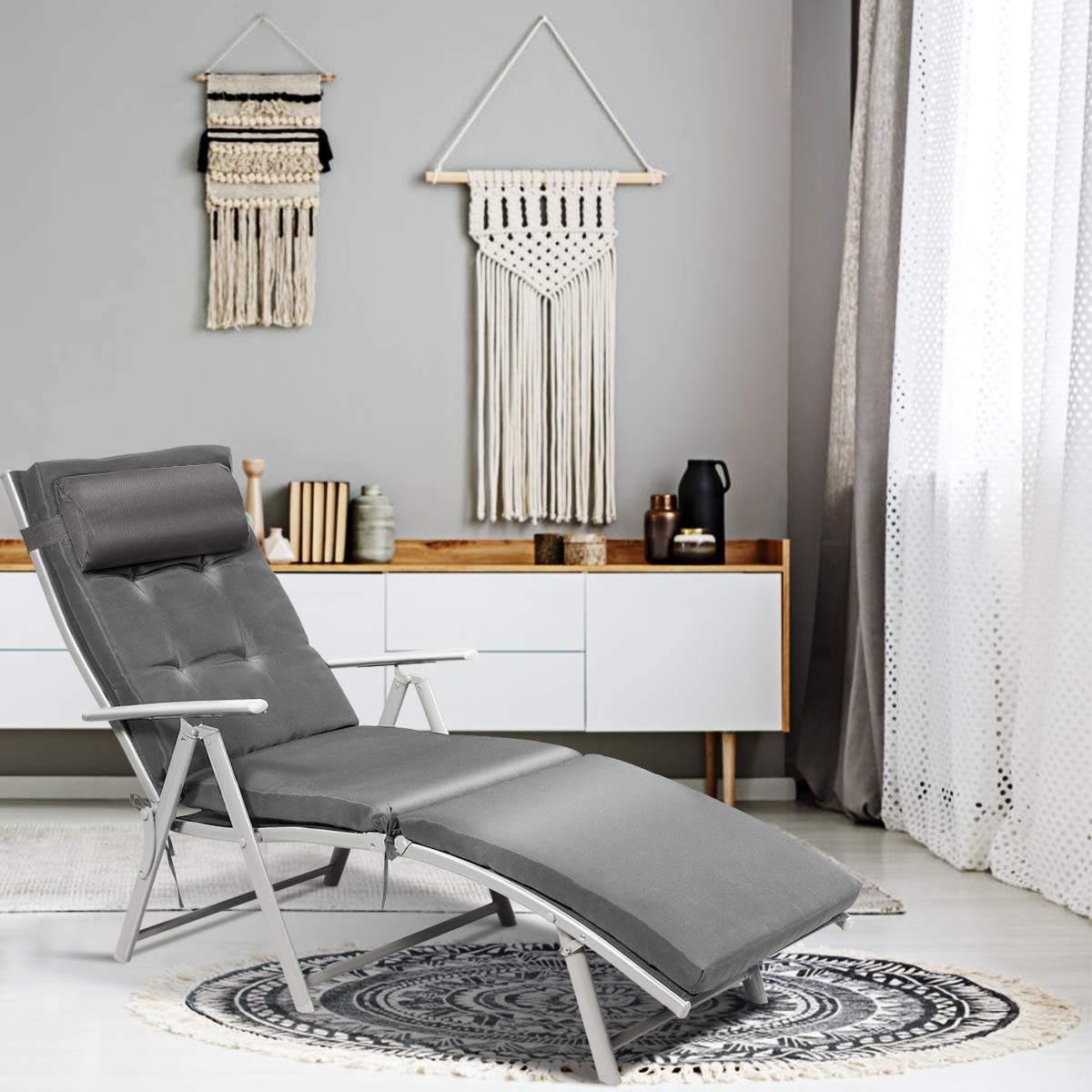 hysache Folding Lounge Chair, Patio Chaise Lounge w/Portable Design and 7 Adjustable Positions, Outdoor Lawn Chair w/Removable Cushion and Pillow for Yard, Poolside (Gray)
