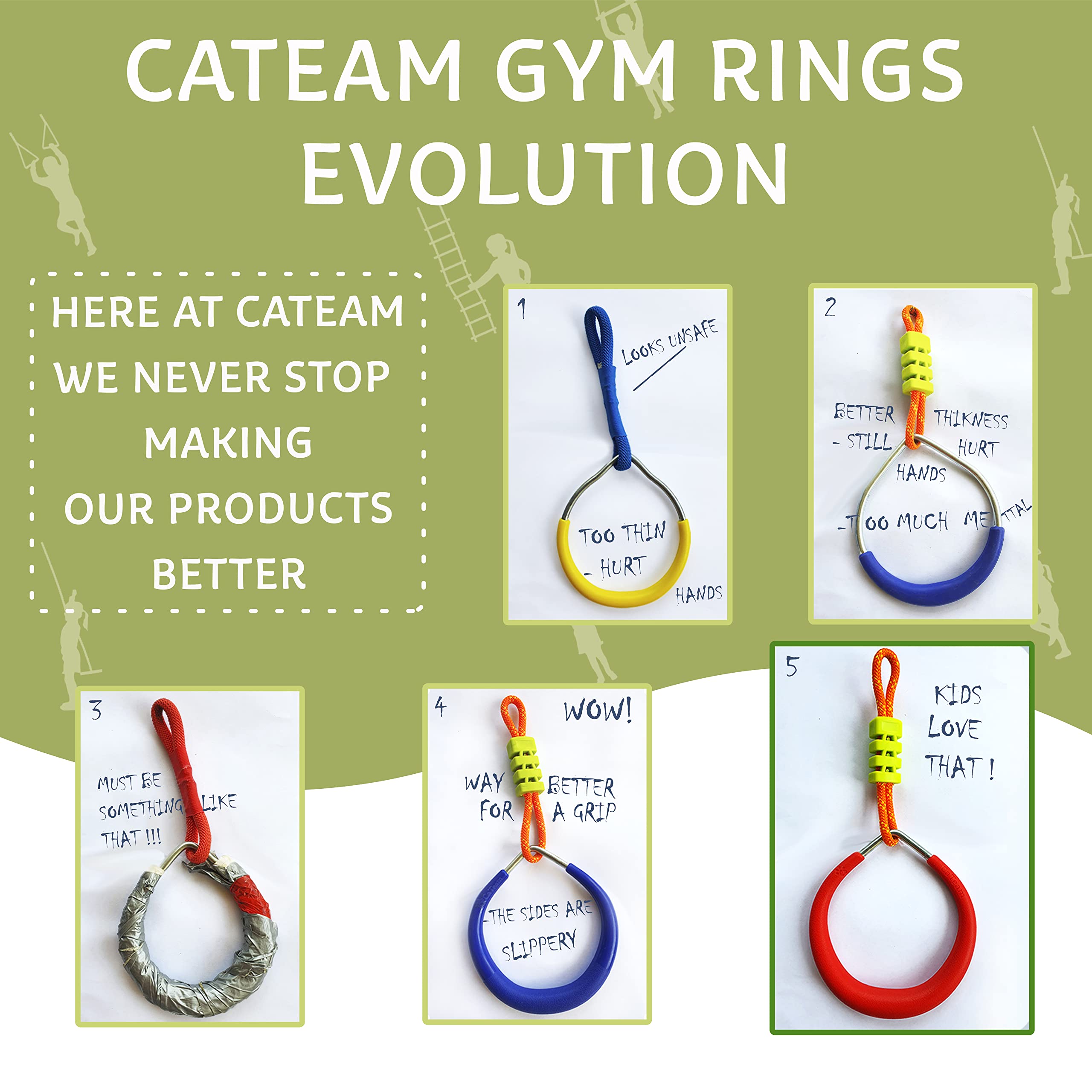 Cateam Slackline Accessories – Multicolor Gymnastic Rings Set of 2 with carabiners – Monkey bar Rings for Backyard Obstacle Course