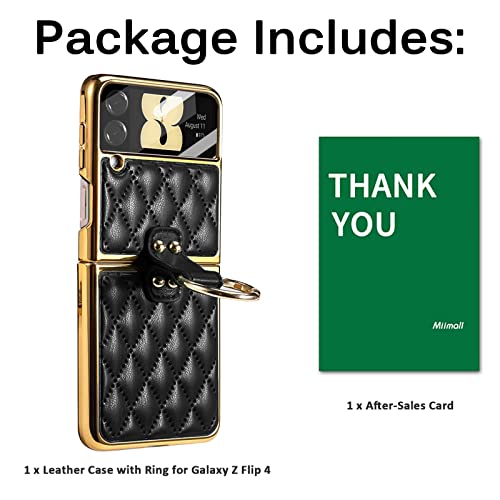 Miimall for Samsung Galaxy Z Flip 4 Leather Case with Ring Holder Stand, Luxury Rhomboid Leather Back Cover Electroplating Frame with Camera Lens Protector Case for Galaxy Z Flip 4 2022(Black)