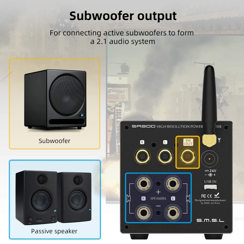 S.M.S.L SA300 HiFi Digital Amplifier, Infineon's MA12070 Chip Class D Power Amp, RCA USB Bluetooth 5.0 APTX Input, Multiple EQ Modes with Remote Control (Black)