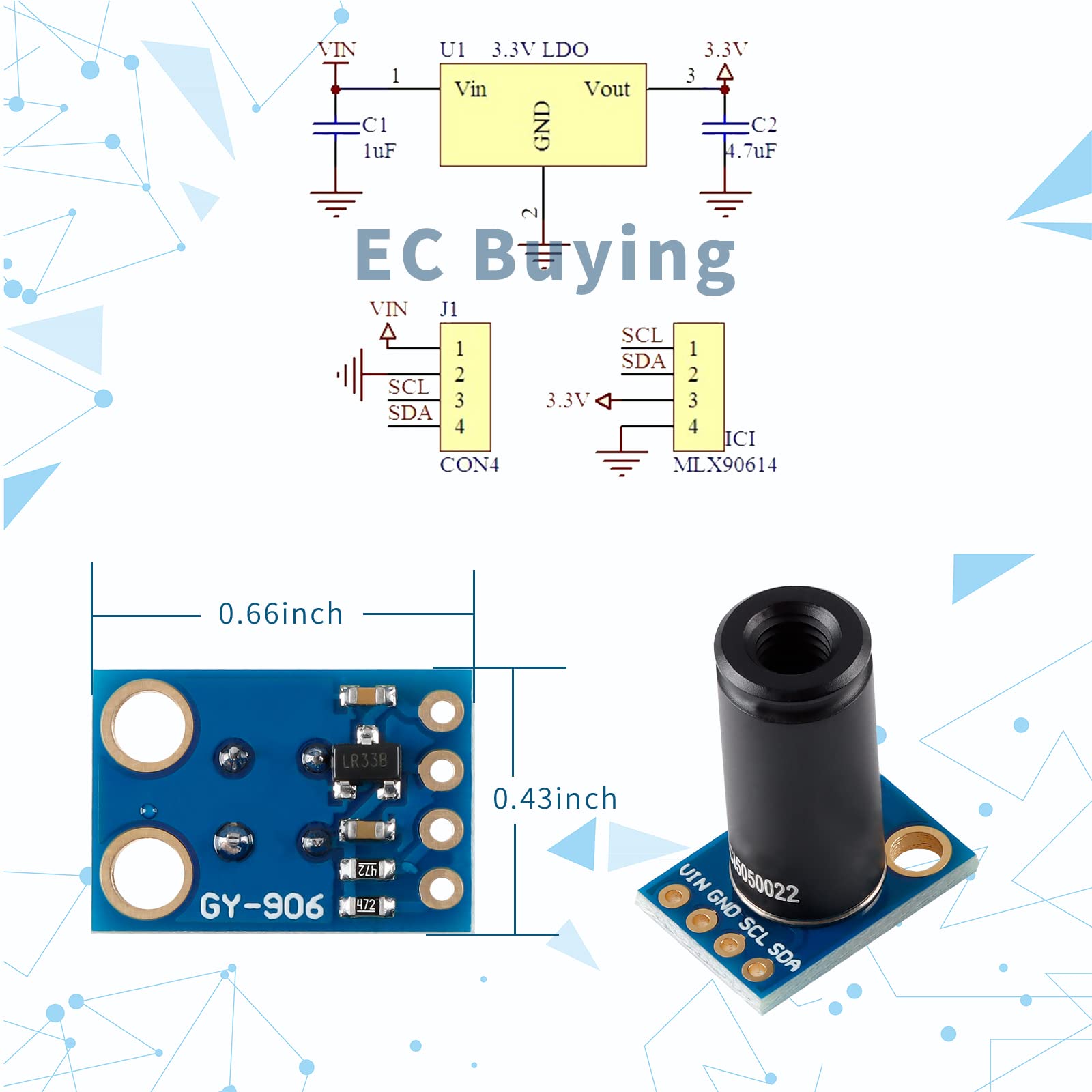 EC Buying MLX90614ESF-DCI Non-Contact Infrared Temperature Sensor Module High Precision Infrared Temperature Sensor Module Long Distance 50cm Serial Port IIC Suitable for Arduino/DIY (GY-906-DCI)