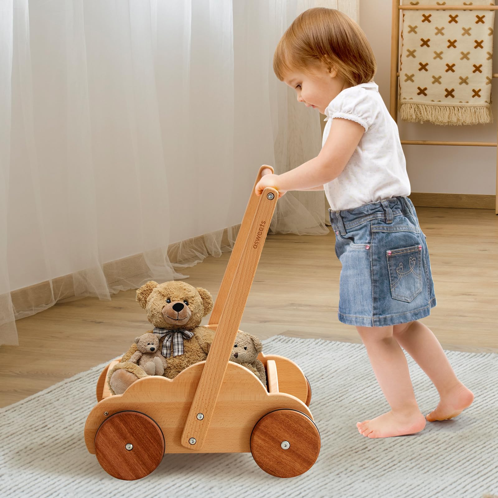 Beright Wooden Baby Walker Push Toy, Learning Educational Walking Toys for Babys Toddles, Adjustable Speed & Height, Natural Beech, not with Building Blocks