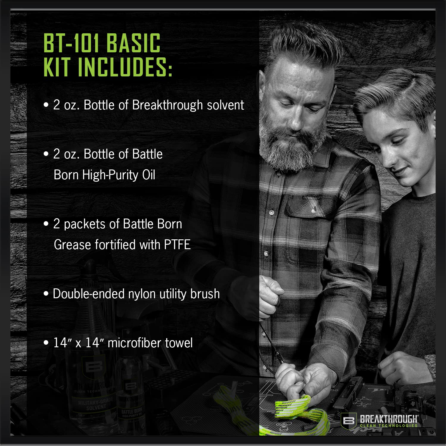 Breakthrough Clean Technologies 101 Basic Gun Cleaning Kit - Includes Military-Grade Solvent, Battle Born High-Purity Oil, and Battle Born Grease with PTFE - Perfect for Handguns and Rifles