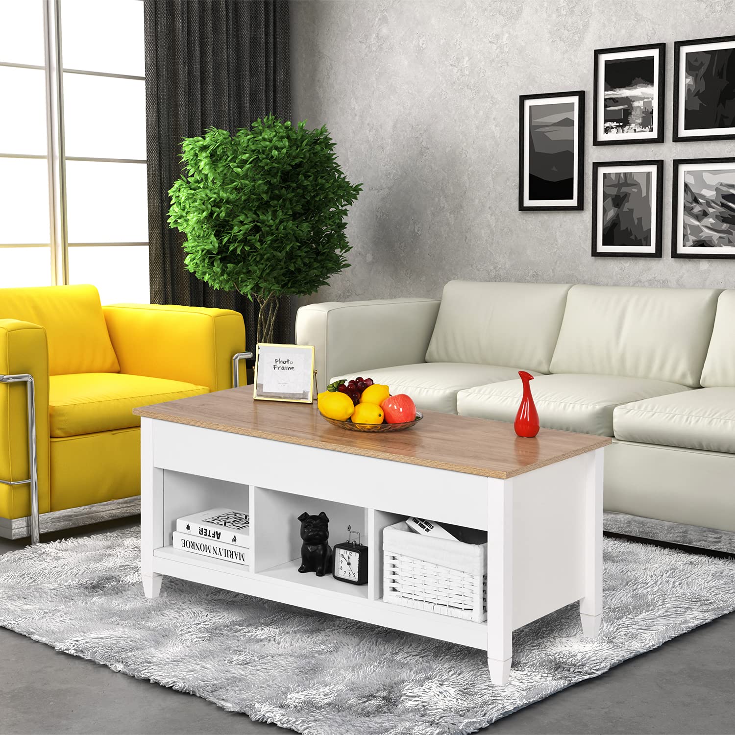 Catrimown Lift Top Coffee Table with Shelves, Modern Lift Tabletop Dining Table with Hidden Compartment and 3 Cube for Home Office Living Room Reception, Real Wood Legs, White.