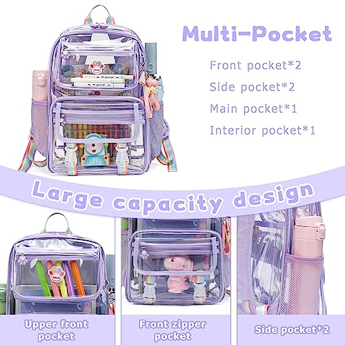 Maod Clear Backpack Heavy Duty Stadium Approved PVC Transparent Large School Book Bag with Free Sticker and A Pendant (Purple)
