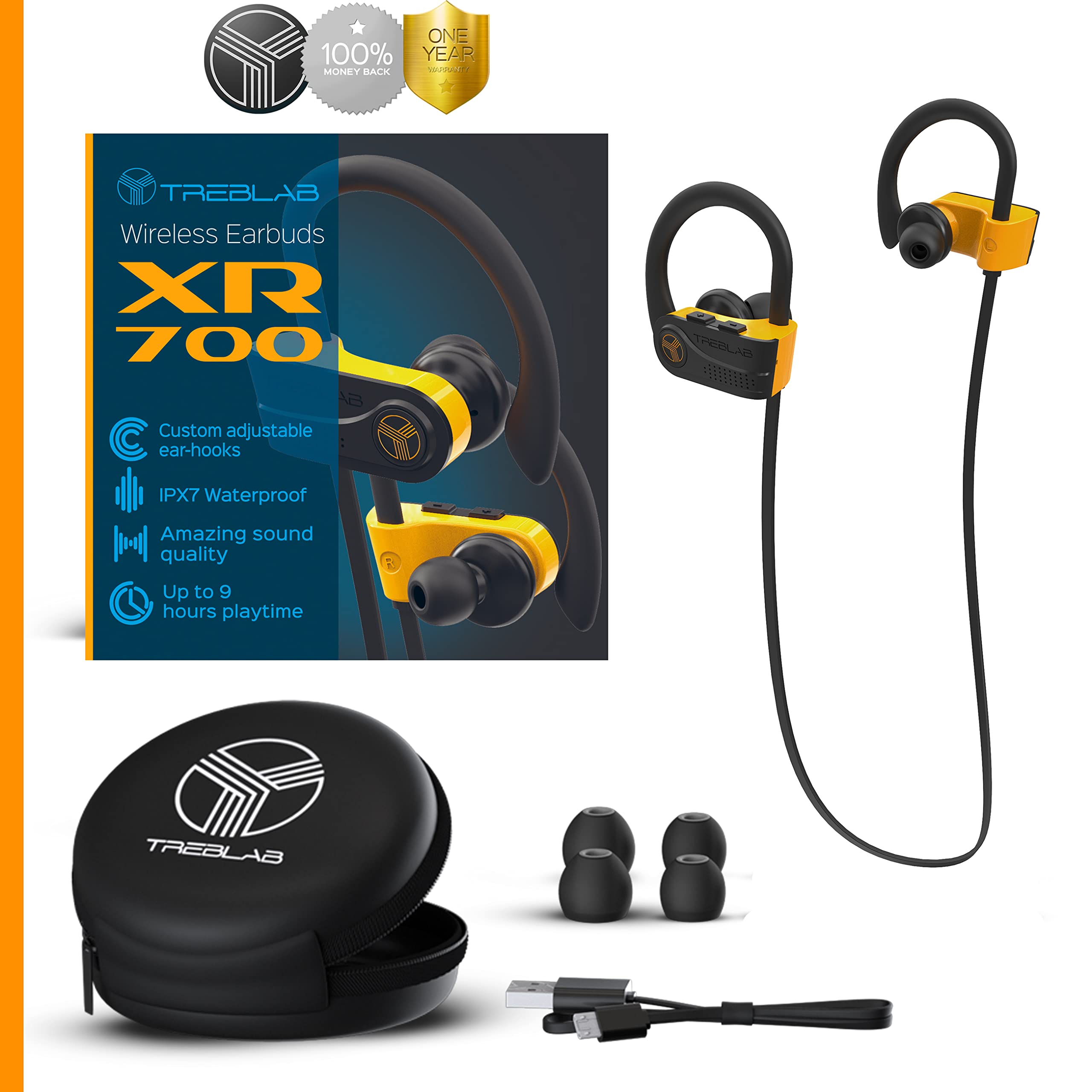 TREBLAB XR700 Wireless Sports Earbuds, Bluetooth 5.0, IPX7 Waterproof, Sweatproof, Custom Adjustable Earhooks, Noise Cancelling, in-Ear Headset