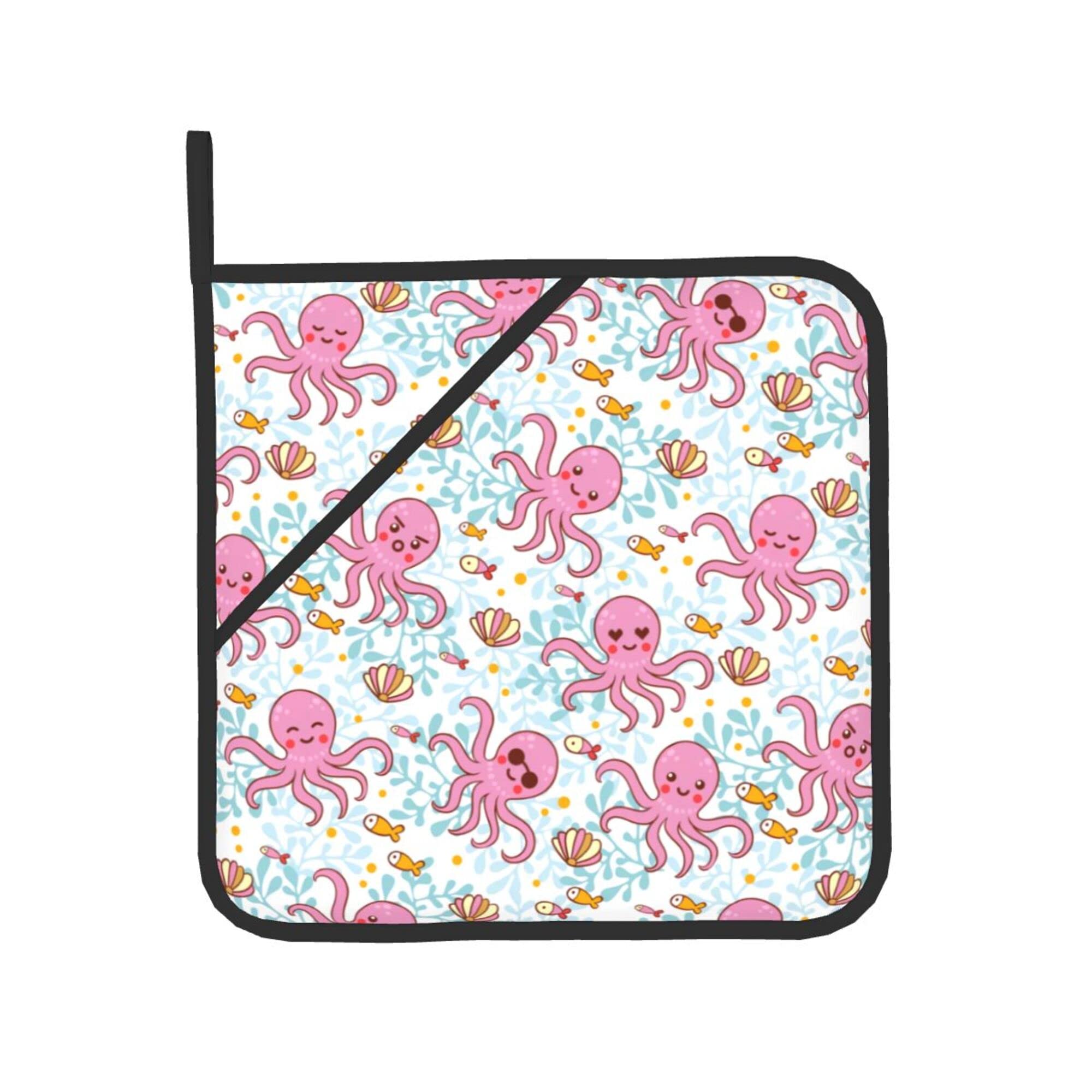 Cute Octopus Oven Mitts and Pot Holders Sets of 4 Heat Resistant Cooking Gloves and Potholders Non-Slip Kitchen Mittens Hot Pads with Hanging Loop for Kitchen Baking BBQ Grilling Picnic