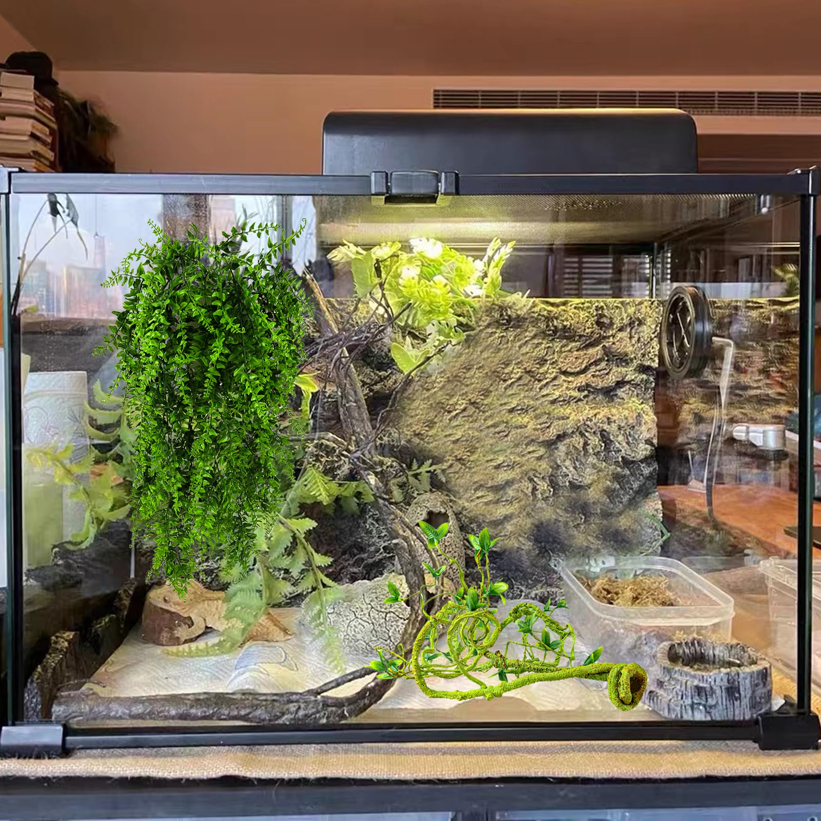 Grddaef Reptile Vines Plants for Terrarium, Flexible Vines Jungle Climbing Branch with Leaves Tank Decor for Snakes Bearded Dragons Geckos Hermit Crabs Lizards Chameleons