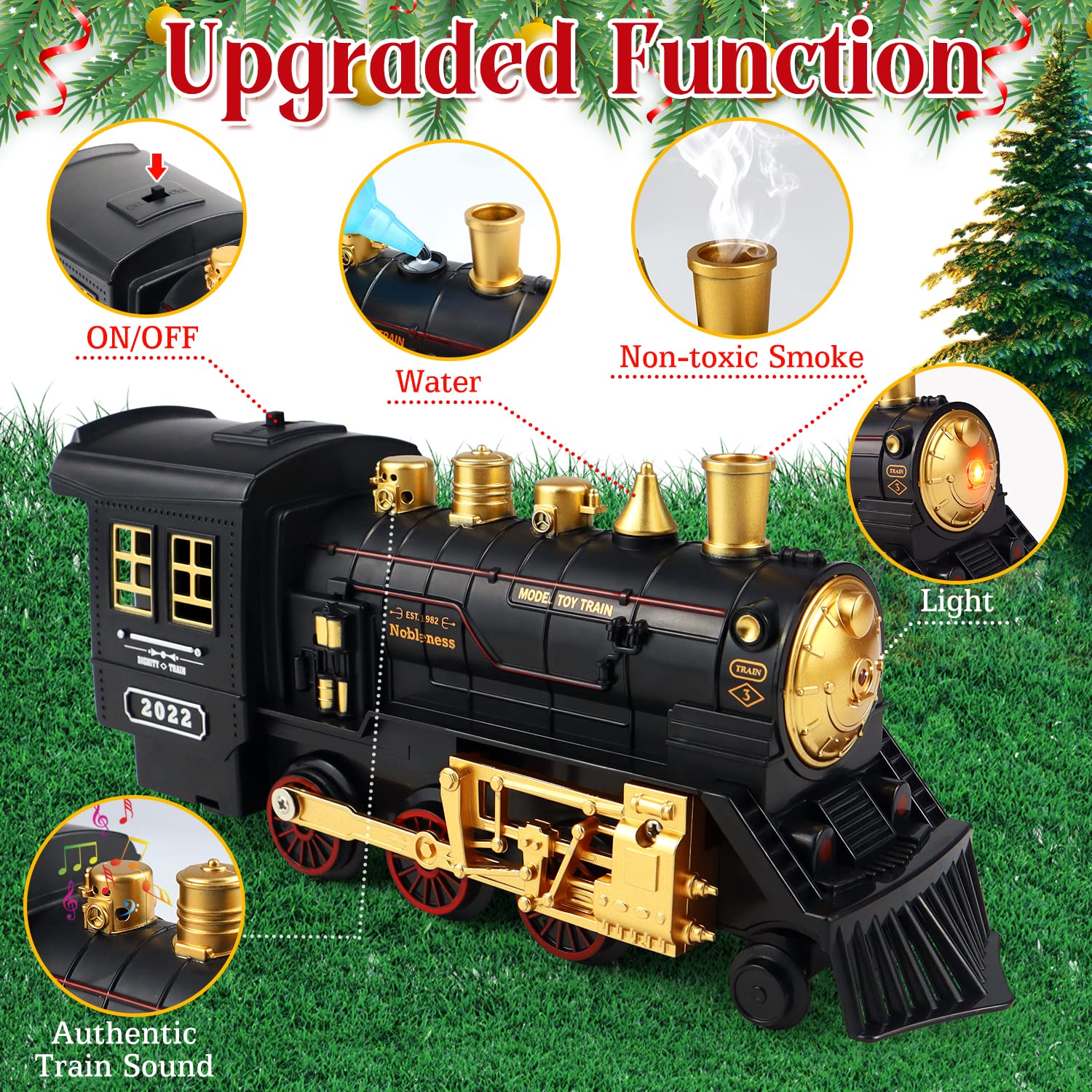Train Set for Boys Girls - Electric Toy Train Including Passenger Coach with Lights, Steam Locomotive with Realistic Sounds & Headlight, Coal Car - Christmas Train Sets Under The Tree, Gift for Kids
