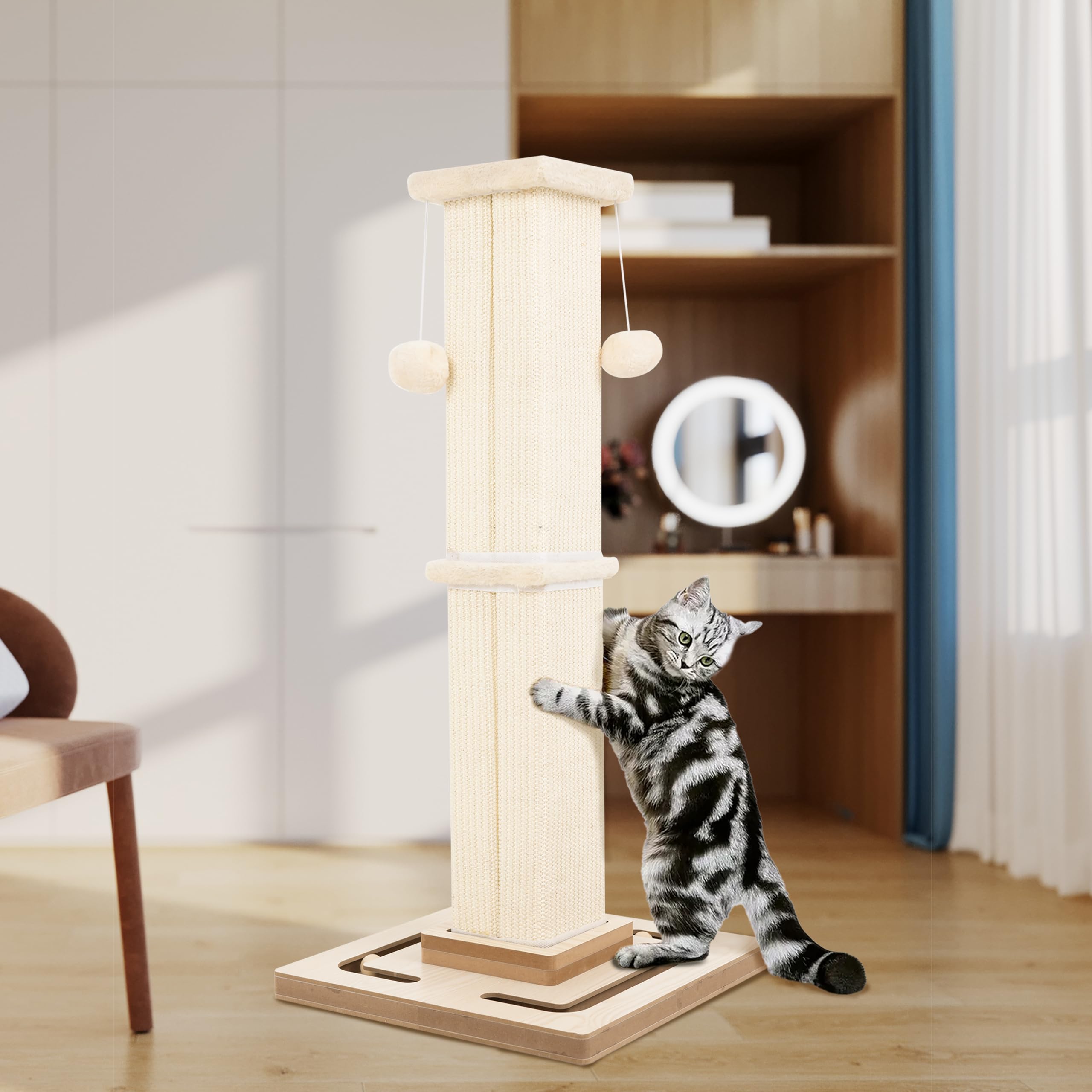 Erivc Cat Scratching Post 32 Inch Tall Cat Scratcher for Indoor Large Cats and Kitten, Nature Sisal Modern Cat Scratch Post Improve Cat's Scratching Habits, Beige