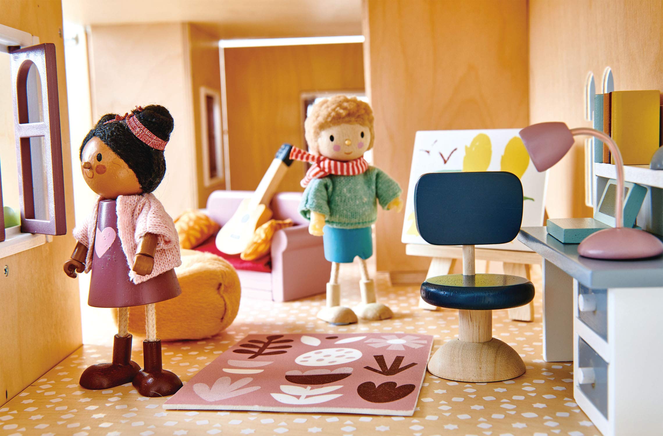 Tender Leaf Toys - Ayana and Her Cat - Wooden Miniatures Flexible Doll, Multicultural Action Figure for Dollhouse - Encourage Creative and Imaginative Fun Play for Children - Age 3+