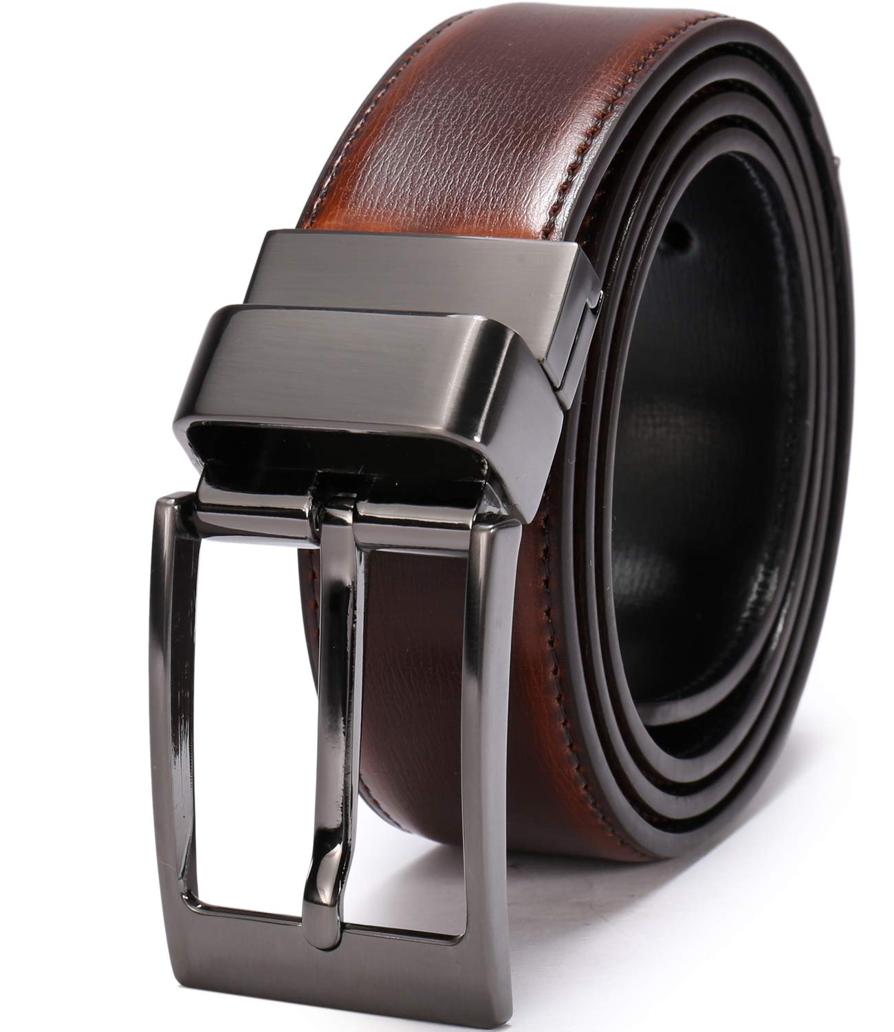 beltox fine Men's Dress Belt Leather Reversible 1.25" Wide Rotated Buckle Gift Box(Black Buckle with Cognac/Black Belt,34-36)