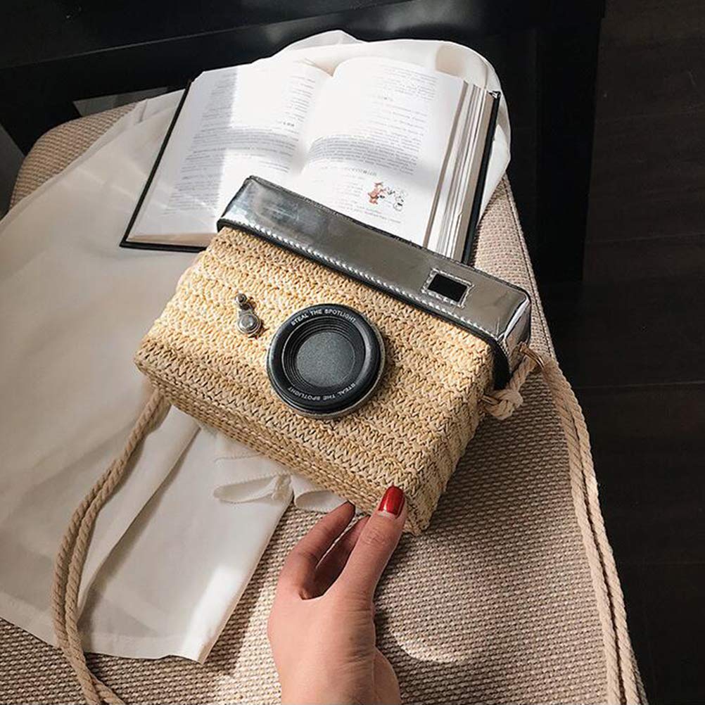 TENDYCOCO Crossbody Bag Camera Shaped Straw Woven Bag Mini Shoulder Bag for Women (Khaki)