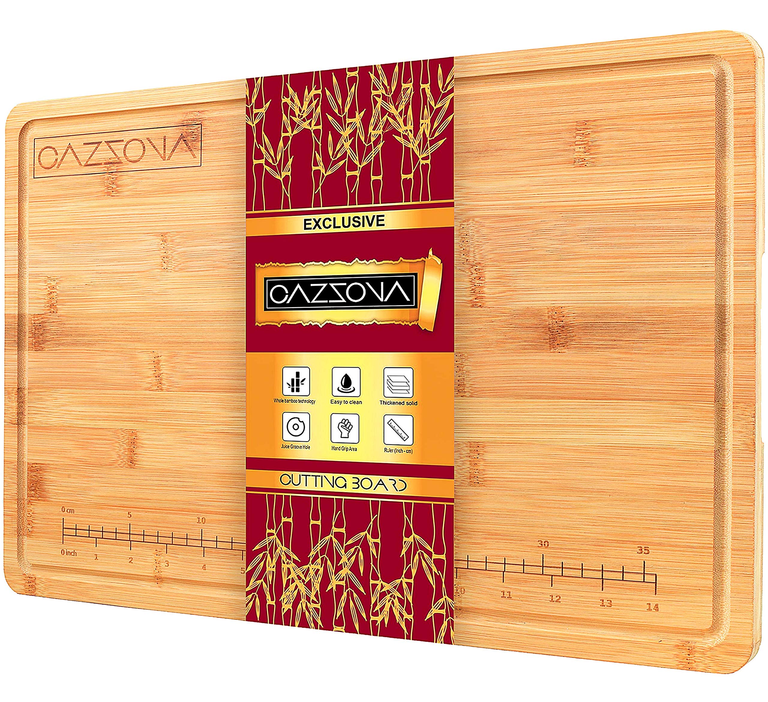 CAZZOVA Bamboo Cutting Board EXTRA LARGE with RULER and Juice Groove - Kitchen Wood Butcher Block for Meat Vegetables and Cheese- Chopping- Charcuterie Board- Wooden Serving Tray w/ Handles