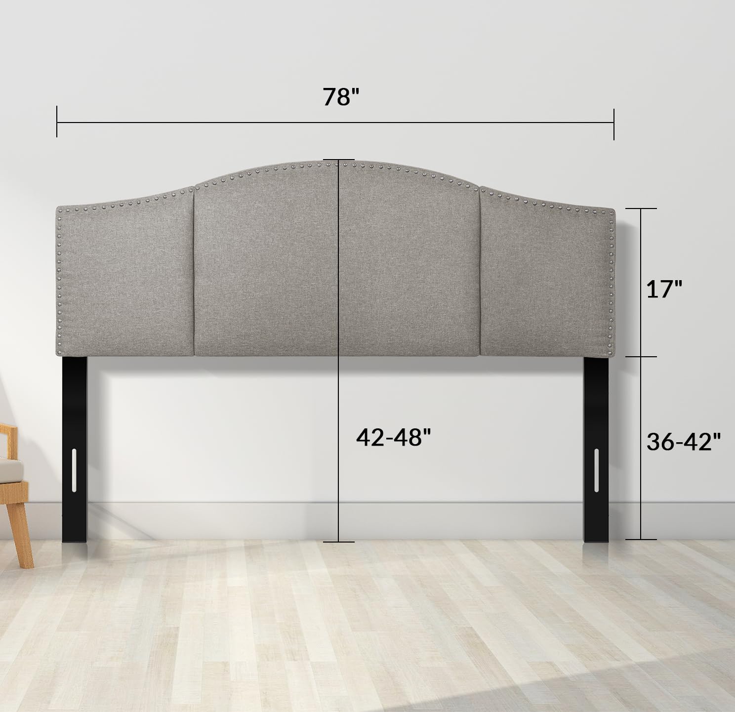 Finnhomy Linen Fabric Upholstered King Size Headboard with Nailheads Trim Platform, Adjustable Height Head Board, Light Grey