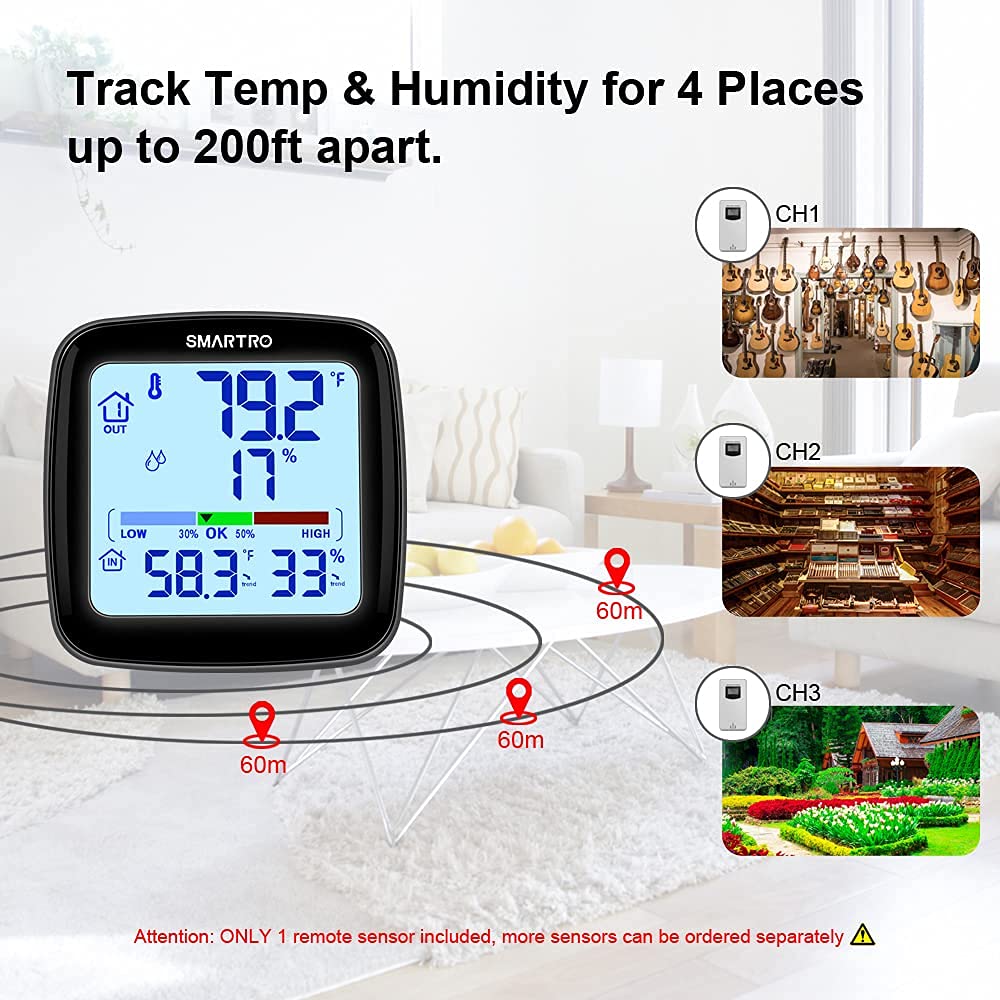 SMARTRO SC92 Professional Indoor Outdoor Thermometer Wireless with 3 Sensors Digital Hygrometer Room Humidity Gauge Temperature and Humidity Meter & Pro Accuracy Calibration