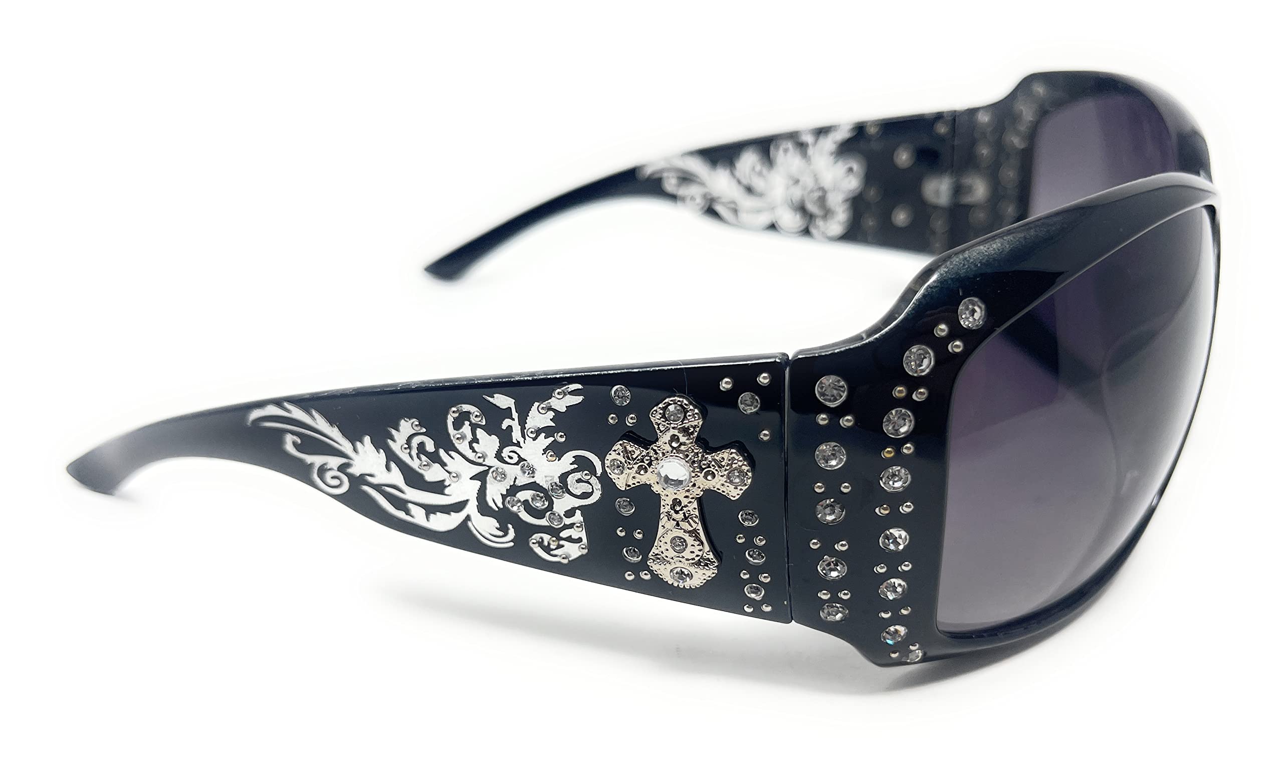 Texas West Women's Sunglasses With Bling Rhinestone UV 400 PC Lens in Multi Concho (Metal Cross Floral Black)