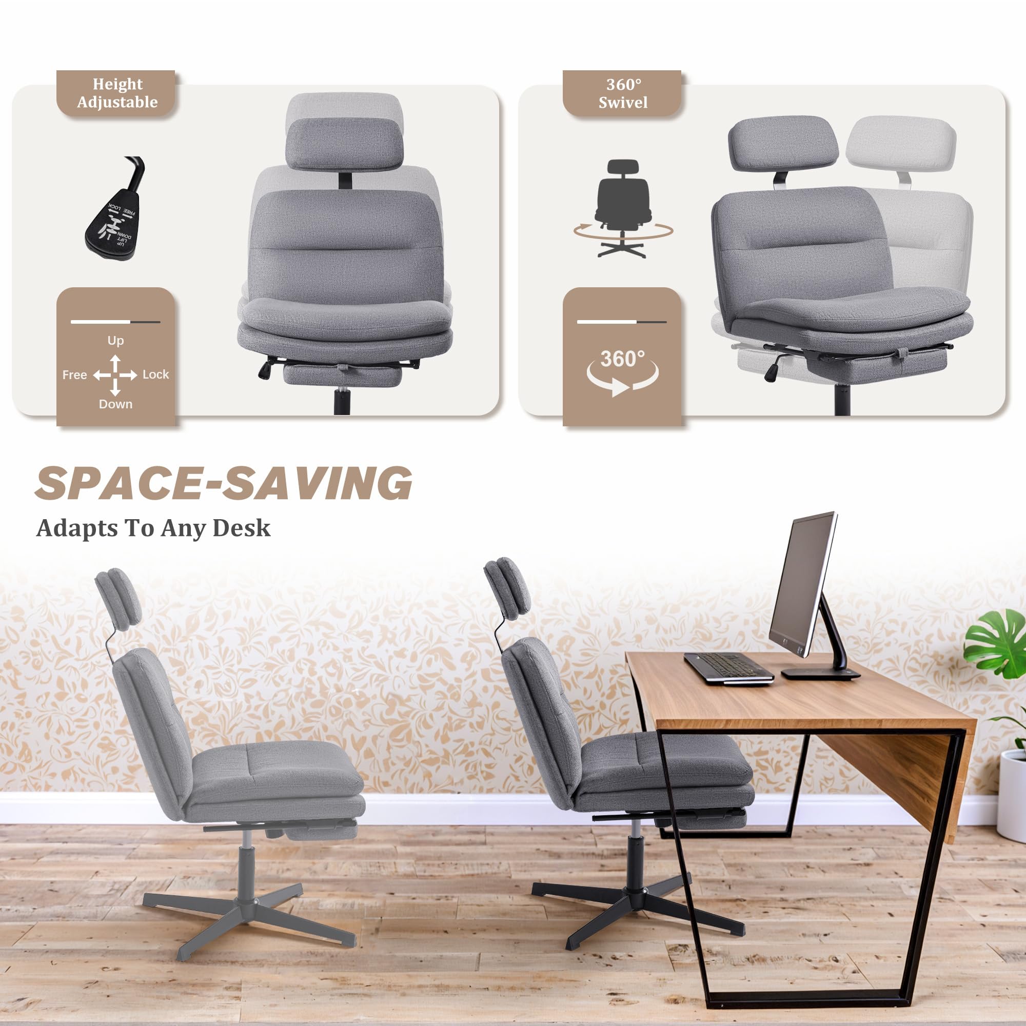 Flamaker Desk Chair Comfy with Footrest & Headrest, Criss Cross Legged Office Chairs No Wheels, Fabric Modern Armless Swivel Adjustable Vanity Chair