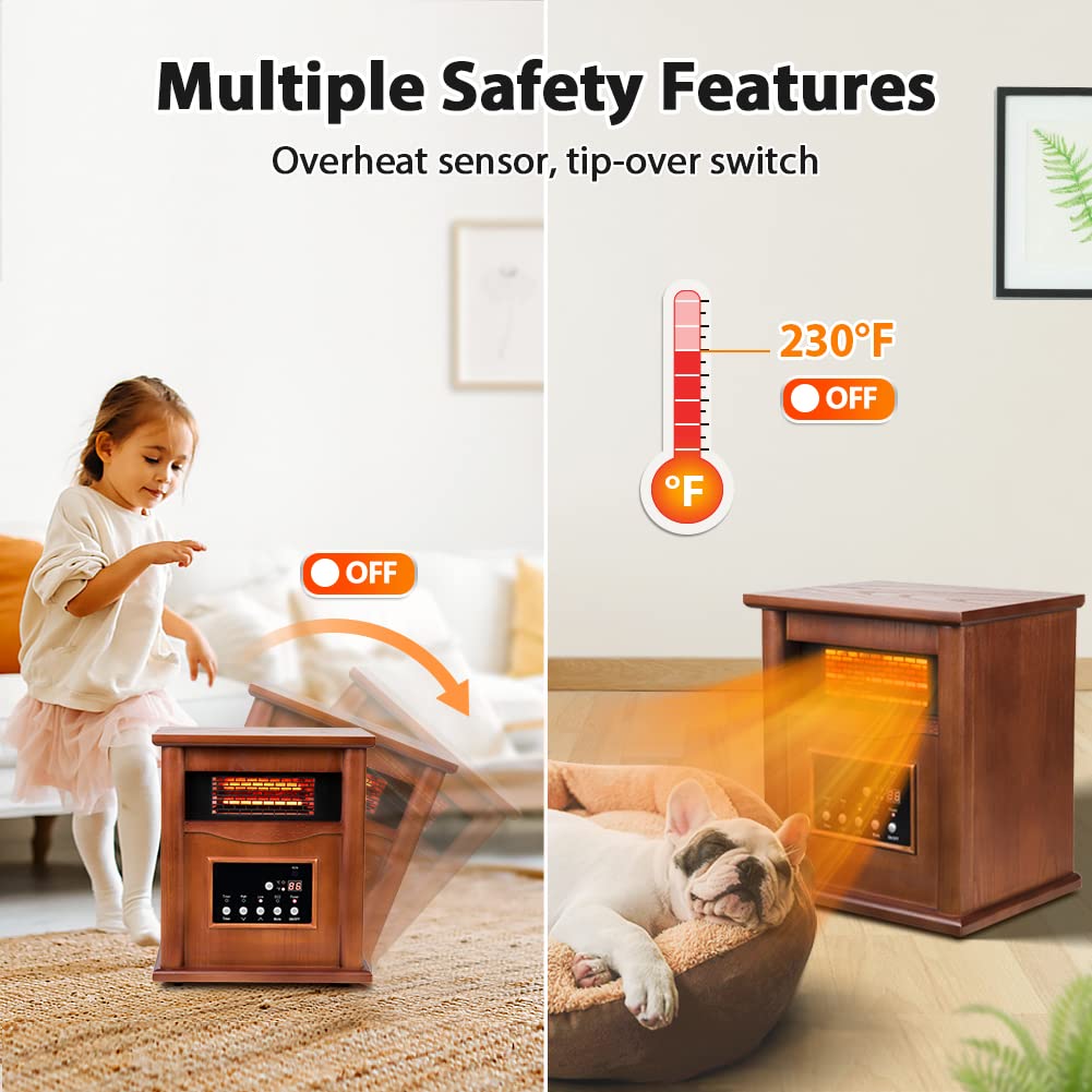 Electric Infrared Space Heater, Quartz Heater for Indoor Use, Tip-Over & Overheat Protection with Remote Control, 3 Heat Settings, 12H Timer, 1500W for Large Room Basement Heating