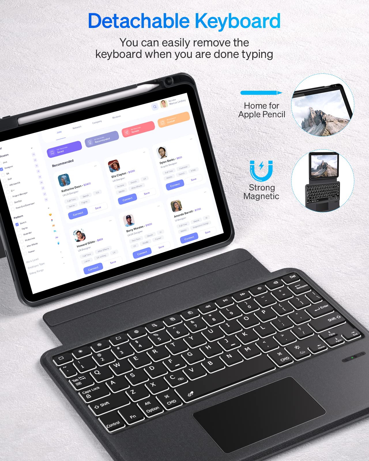 Doohoeek Keyboard Case Touch for New iPad 10.9 inch 10th Generation 2022, Detachable Keyboard with Any-Angle Kickstand & Leather Cover & Breathing 7-Color Backlit & Pencil Holder for iPad 10