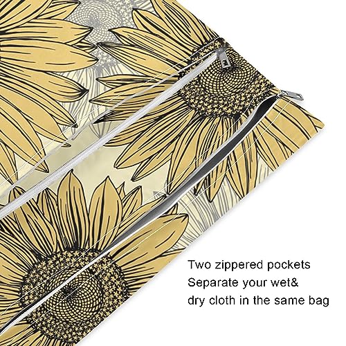 SDMKA 2Pcs Wet Dry Bag for Baby Cloth Diapers Sunflowers Yellow Reusable Waterproof Wet Bag with Two Zippered Pockets for Travel Beach Pool
