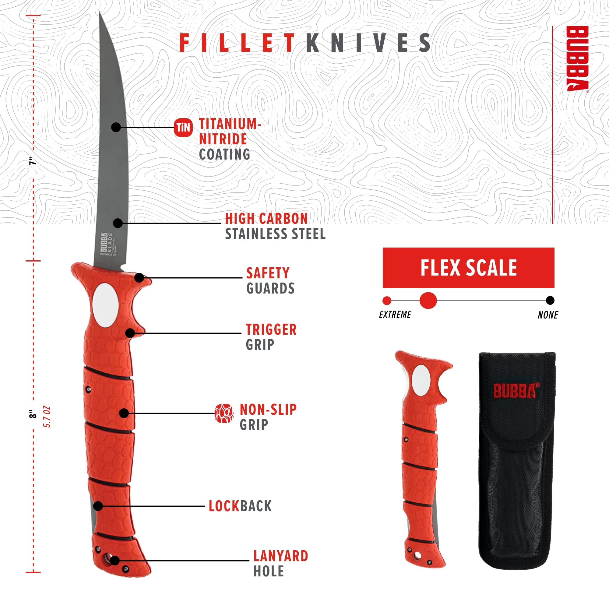 BUBBA 7" Tapered Flex Folding Knife with Non-Slip Grip Handle, Offset Full Tang Stainless Steel Blade, Lanyard Hole and Synthetic Sheath for Fishing