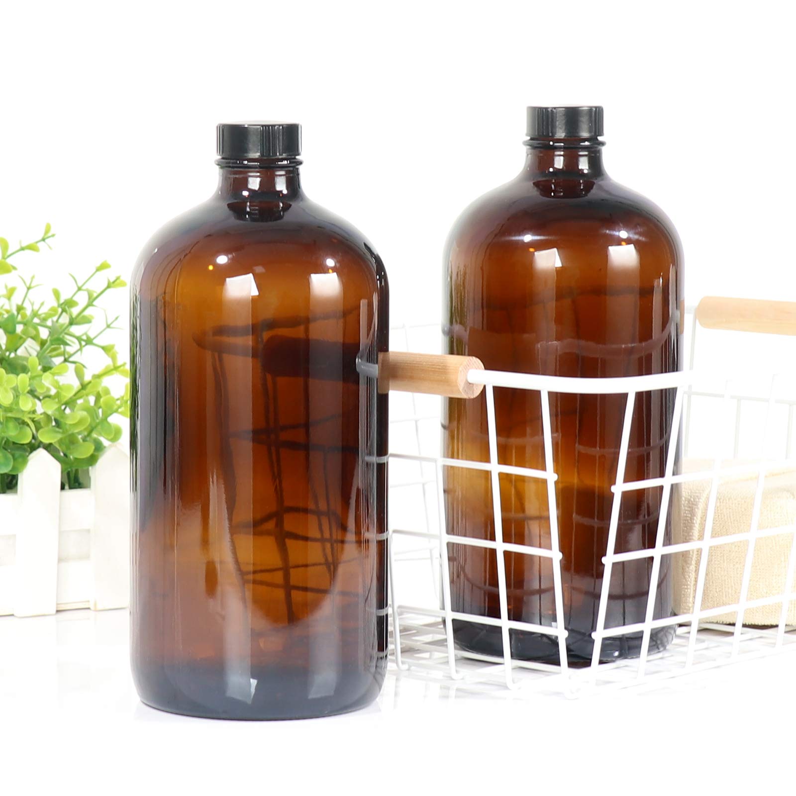 STARSIDE 2 Pack - 1 Liter 32 oz Amber Glass Boston Round Bottles with Air Tight Seal Phenolic Poly Cone Caps. Perfect Glass Containers for Secondary Fermentation,Storing Kombucha,Brewing and Juicing.