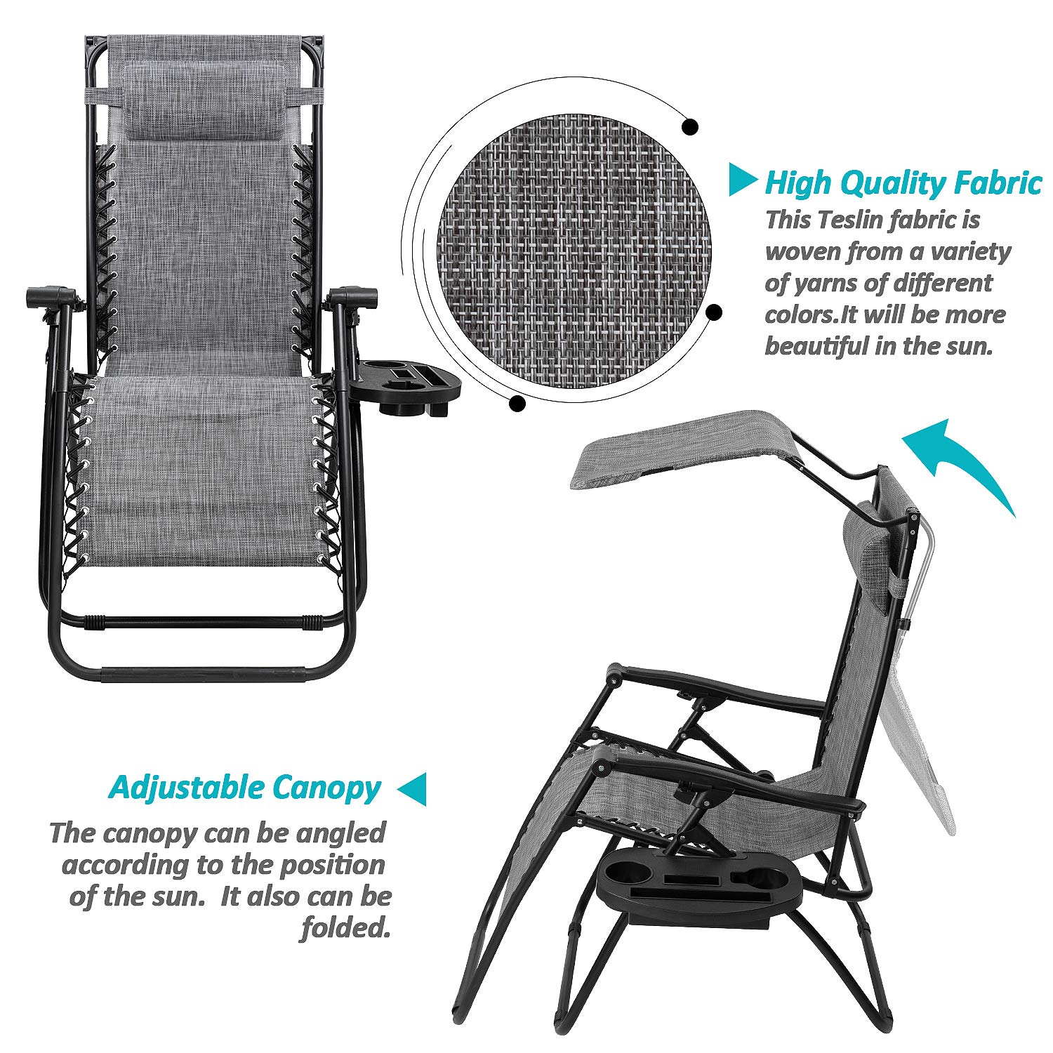 Flamaker Zero Gravity Chair with Canopy Outdoor Lounge Chair Folding Patio Recliners Adjustable Lawn Lounge Chair with Pillow for Poolside, Yard and Camping (Grey)