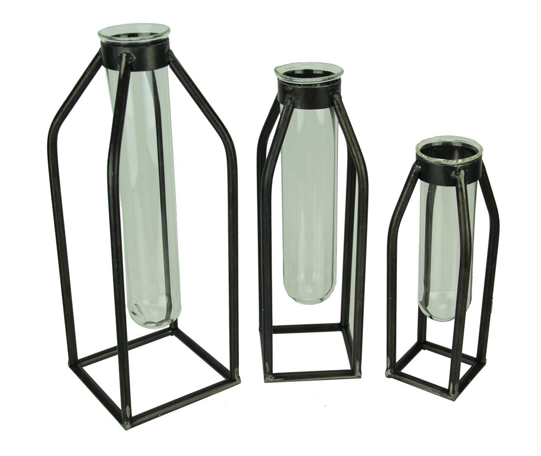Modern Art Glass Tube Bud Vase with Metal Cage Frame Set of 3