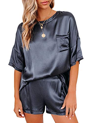 LYANER Women's Satin Silky Pajamas Set Short Sleeve T-shirt With Shorts Set Pjs Loungewear Navy Medium