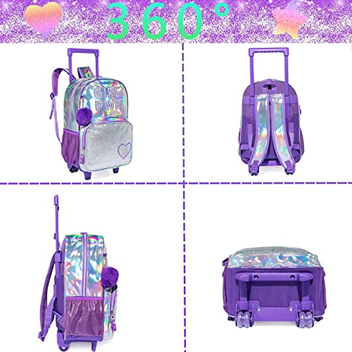 HTgroce 3PCS Purple Rolling Backpack for Girls, Girls Glitter Bookbag with Roller Wheels, Kindergarten Wheeled Backpack for Girls with Lunch Box