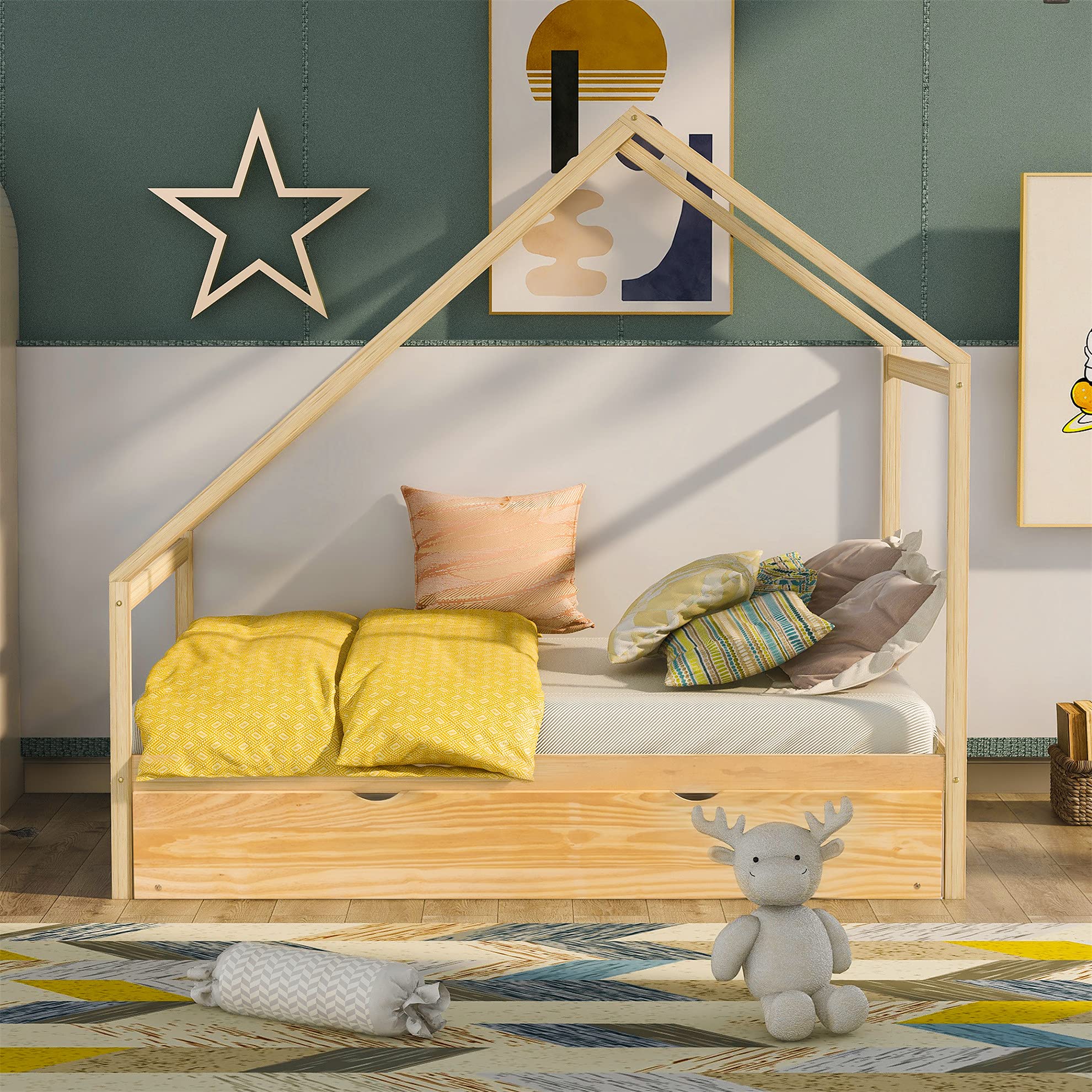 Harper & Bright Designs House Bed for Kids Full Storage Bed with Trundle, Wood Platform Bed Frame with Bookcase for Girls Boys (Full Size, White)