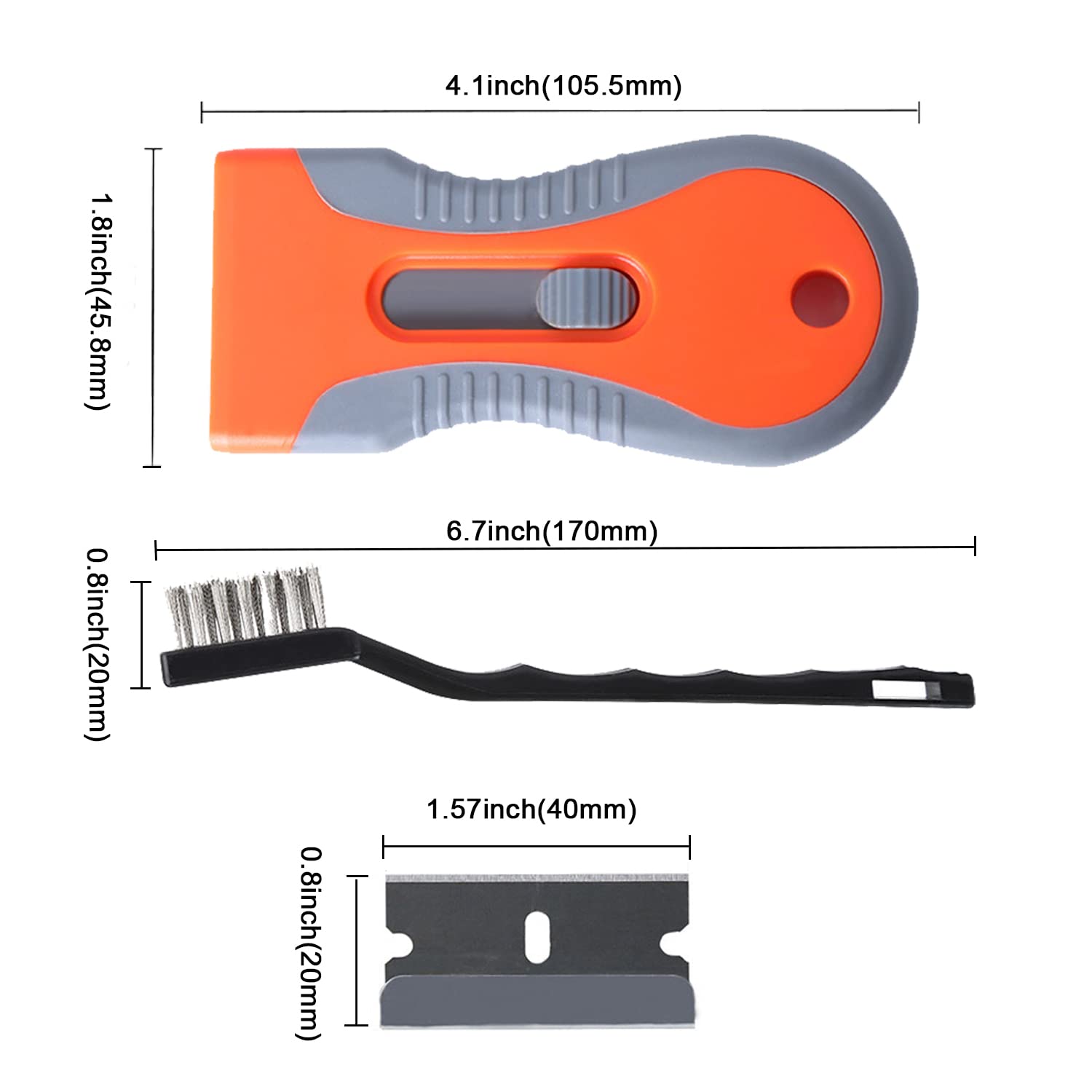 GNAWRISHING Razor Blade Scrape with 15pcs Extra Blades and Stainless Brush, Paint Stripping Tool for Removing Decals, Labels, Stickers (Orange)