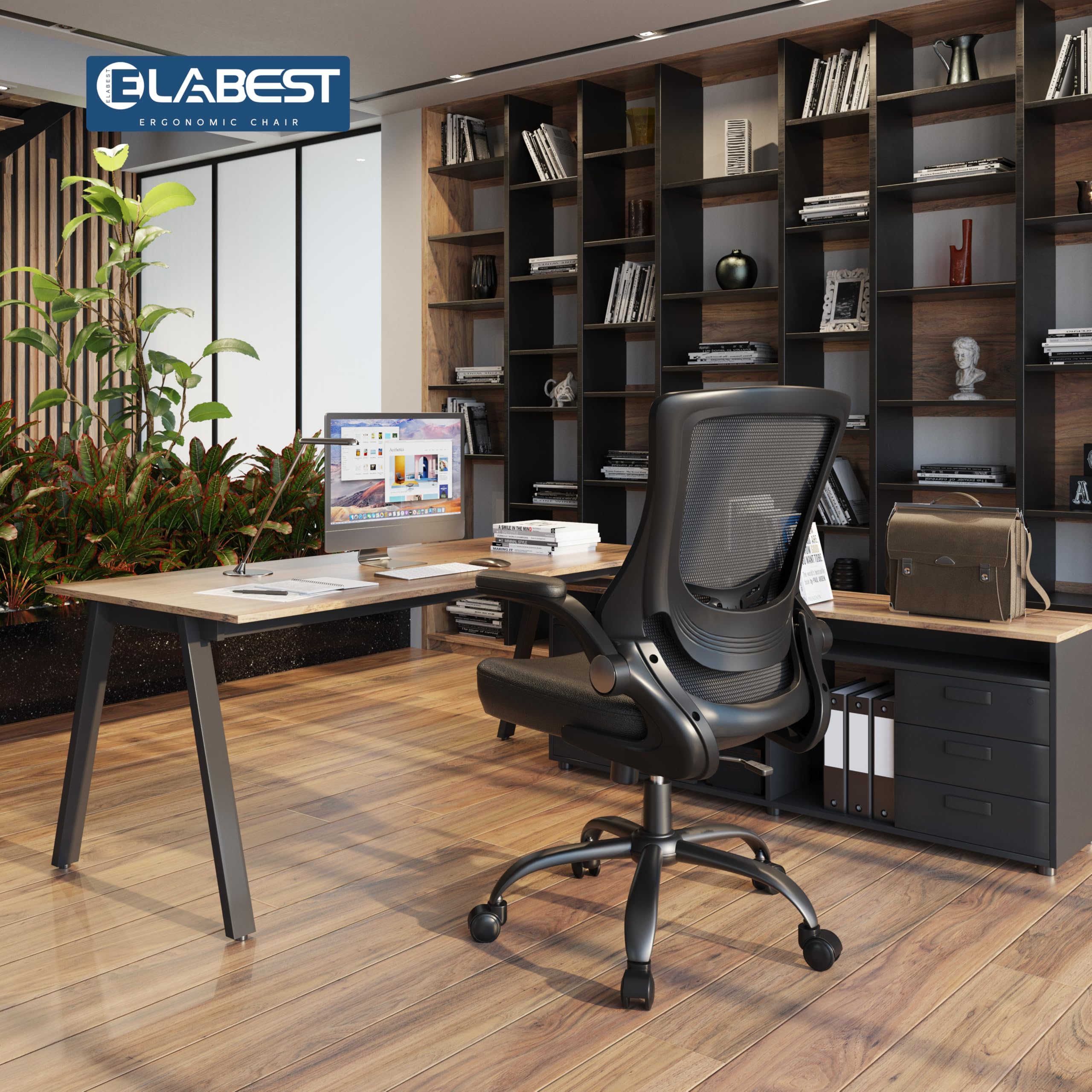 ELABEST T29 Ergonomic Office Chair, Comfy Computer Desk Chair, Mesh Back Home Office Chair with PU Leather Padded, Adjustable Lumbar Support, Flip-up Arms,Swivel Wheels,Work Task Chair for Long Hours