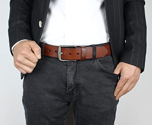 Bullko Mens Casual Genuine Leather Dress Belt for Jeans, Red Brown, 36