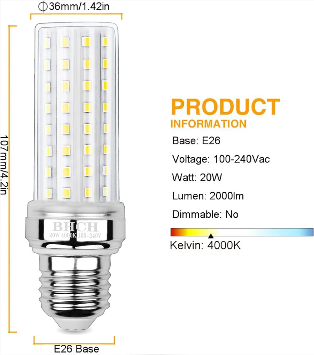 BHCH LED Corn Bulbs 20W, E26 Edison Screw Bulbs, 150W Incandescent Bulbs Equivalent, Neutral White 4000K, Non-Dimmable, Pack of 3