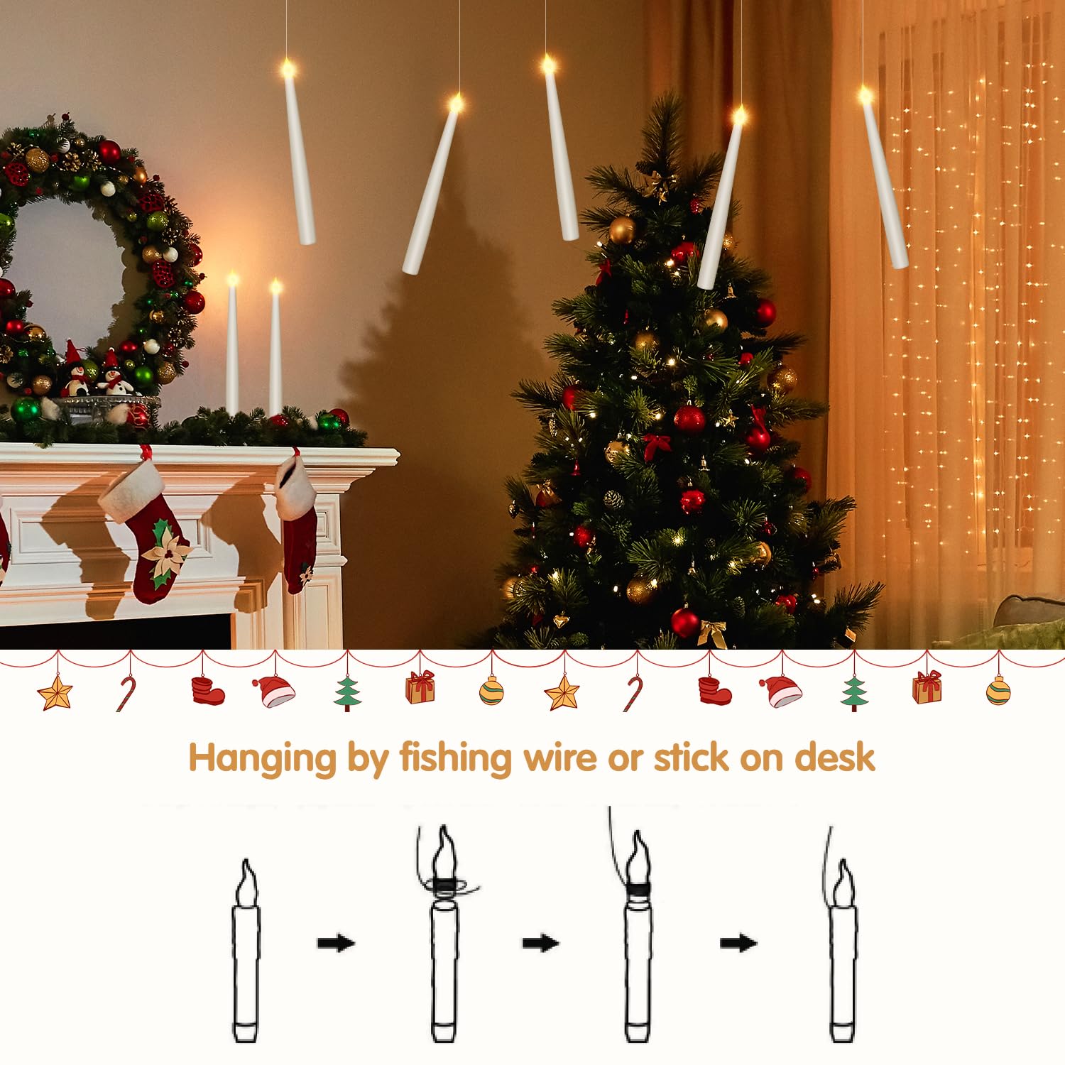 Flameless Candles with Magic Wand, Halloween Funny LED Candles Set Floating Led Candles, Battery Operated Hanging Candles with Remote, Flickering Warm Light Candle, Gift for Party Decoration (12 Pack)