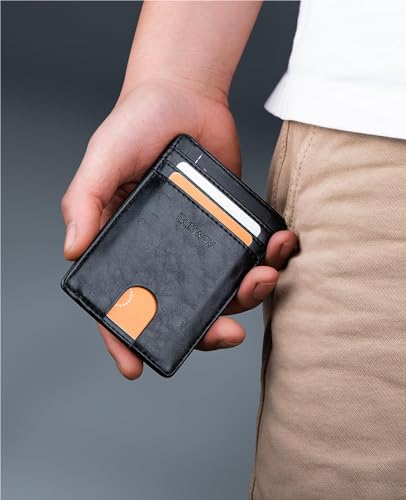 Buffway Mens Slim Wallet, Minimalist Thin Front Pocket Leather Credit Card Holder with RFID Blocking for Work Travel - Seattle Black