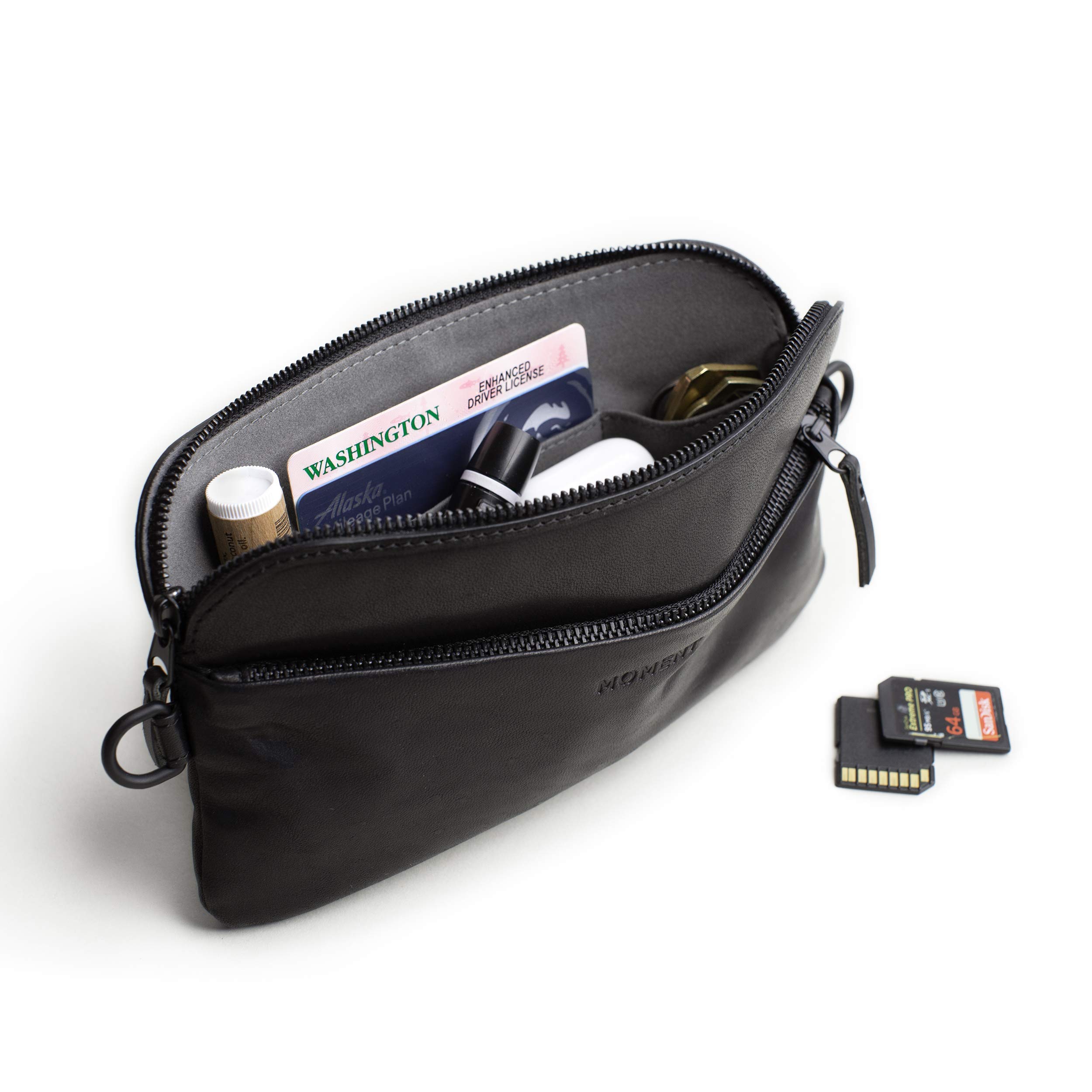 Moment Crossbody Wallet with Wrist and Neck Strap - Compact, Stylish Wallet for Everyday Essentials and Phones (Black Leather)